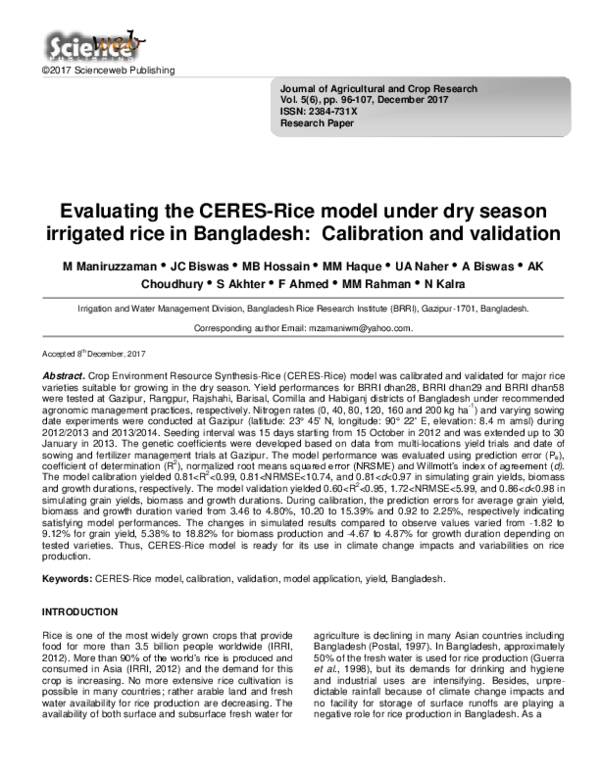Pdf Evaluating The Ceres Rice Model Under Dry Season Irrigated Rice In Bangladesh Calibration
