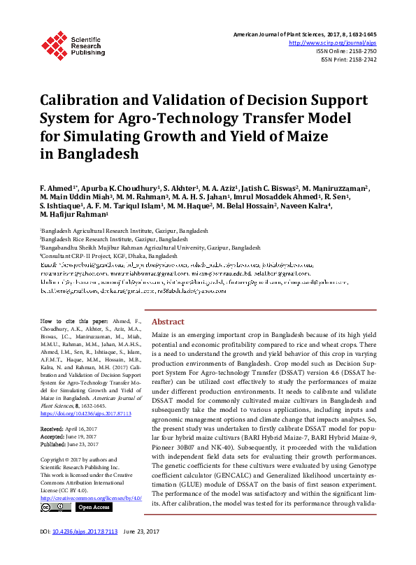 (PDF) Calibration and Validation of Decision Support System for Agro-Technology Transfer Model ...