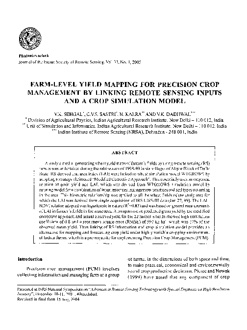 (PDF) Farm-Level Yield mapping for precision crop management by linking remote sensing inputs ...