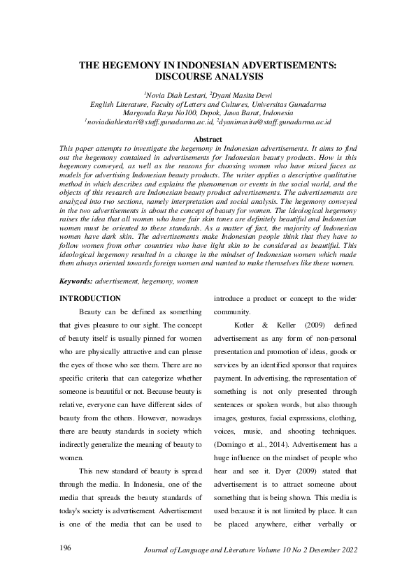 (PDF) The Hegemony in Indonesian Advertisements: Discourse Analysis