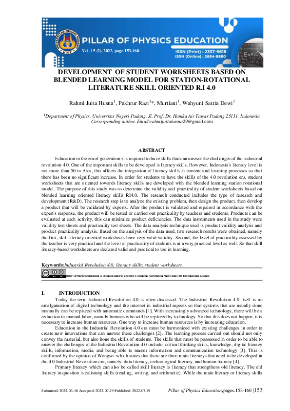 (PDF) Development Student Worksheets in Class X Physics Based on Station-Rotational Blended ...