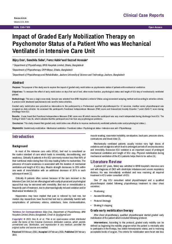 (PDF) Impact of Graded Early Mobilization Therapy on Psychomotor status of a Patient who was ...