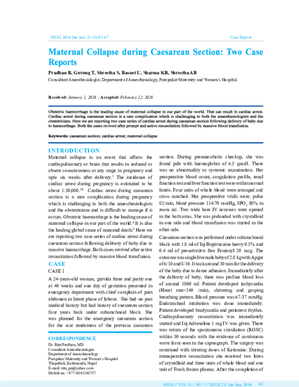 (PDF) Maternal Collapse during Caesarean Section: Two Case Reports