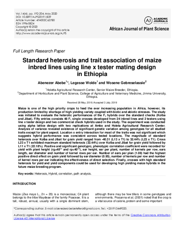 (PDF) Standard heterosis and trait association of maize inbred lines ...