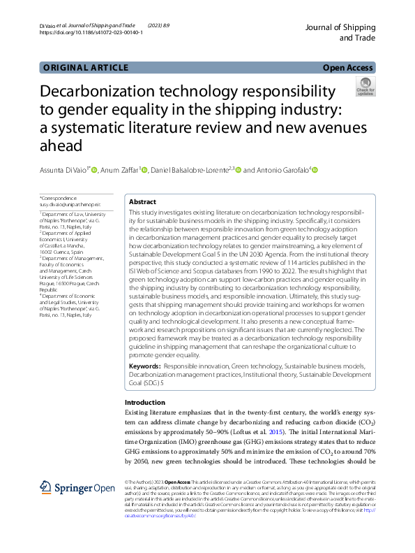(PDF) Decarbonization technology responsibility to gender equality in the shipping industry: a ...