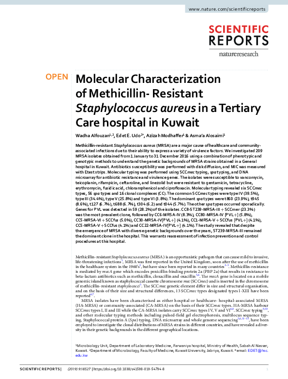 (PDF) Molecular Characterization of Methicillin- Resistant Staphylococcus aureus in a Tertiary ...