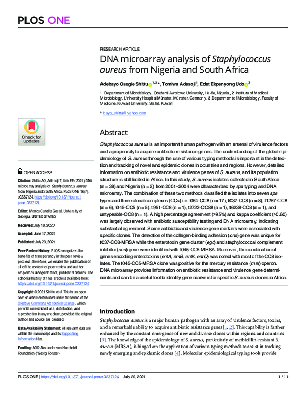 (PDF) DNA microarray analysis of Staphylococcus aureus from Nigeria and ...