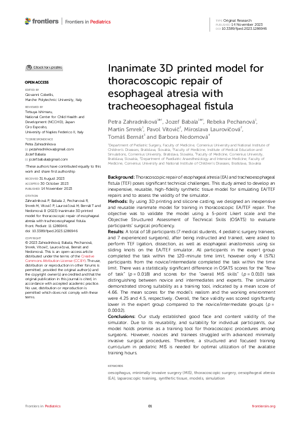 (PDF) Inanimate 3D printed model for thoracoscopic repair of esophageal ...