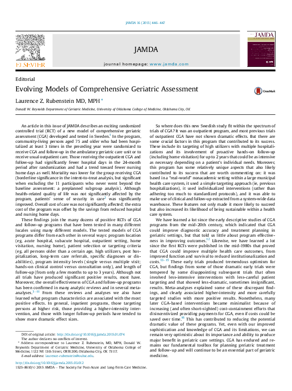 (PDF) Evolving Models of Comprehensive Geriatric Assessment