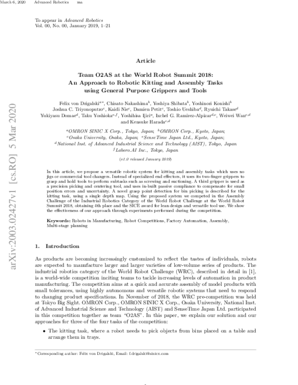 (PDF) Team O2AS at the world robot summit 2018: an approach to robotic ...