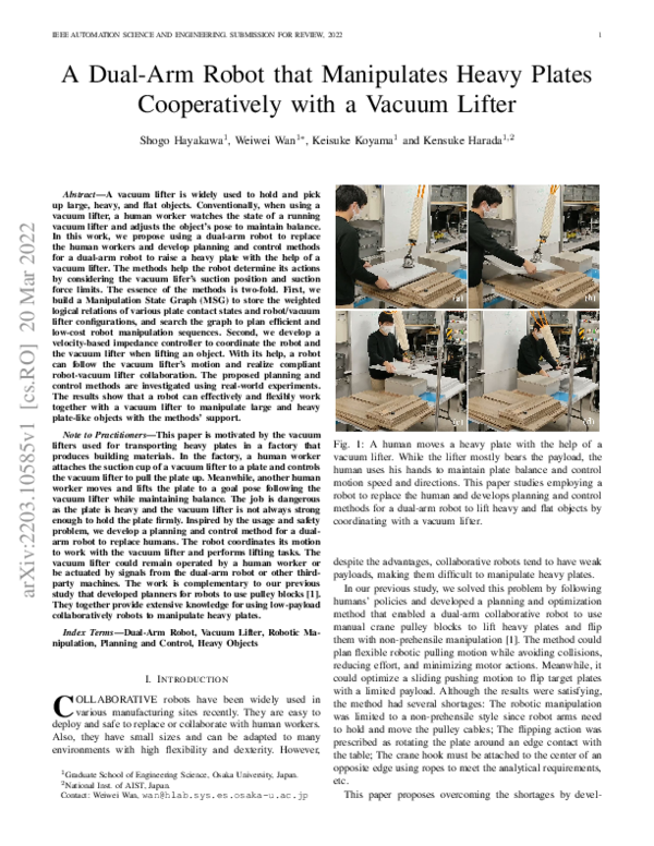 (PDF) A Dual-Arm Robot that Manipulates Heavy Plates Cooperatively with ...