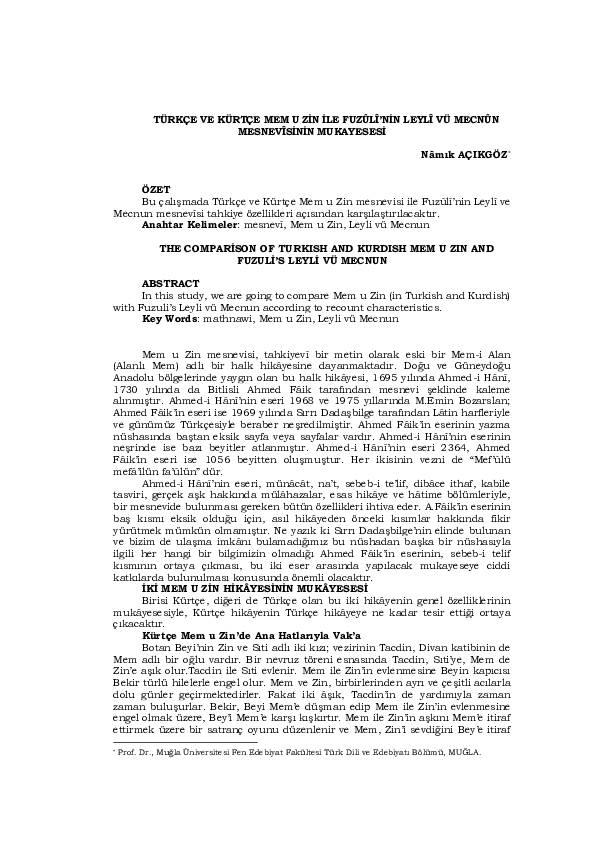(PDF) Comparison Of Turkish And Kurdish Mem u Zin And Fuzuli’s Leyli vü ...