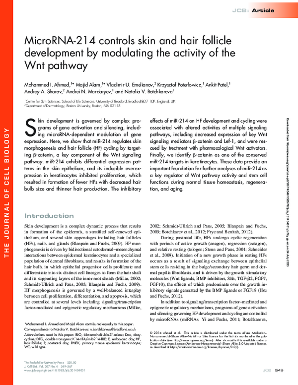 (PDF) MicroRNA-214 controls skin and hair follicle development by modulating the activity of the ...