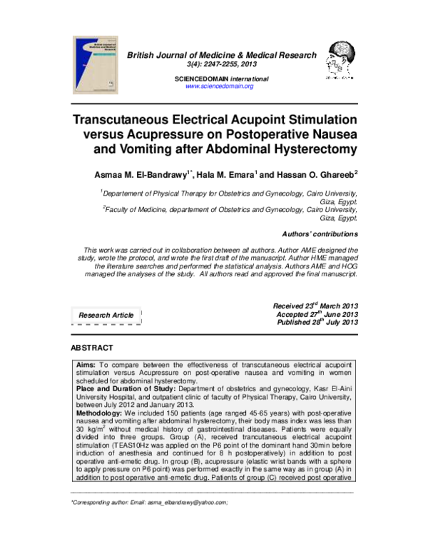 (PDF) Transcutaneous Electrical Acupoint Stimulation versus Acupressure ...