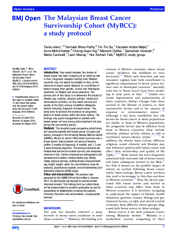 (PDF) The Malaysian Breast Cancer Survivorship Cohort (MyBCC): a study ...
