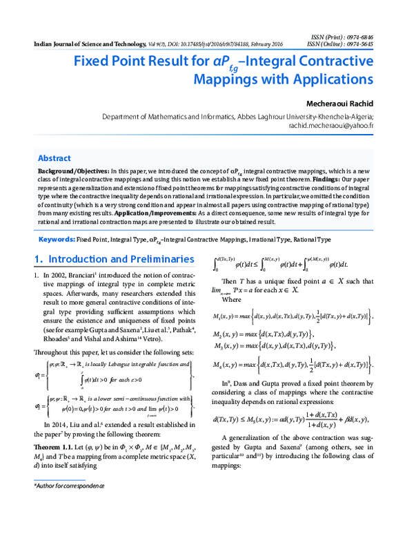 (PDF) Fixed Point Result for αPf,g–Integral Contractive Mappings with ...