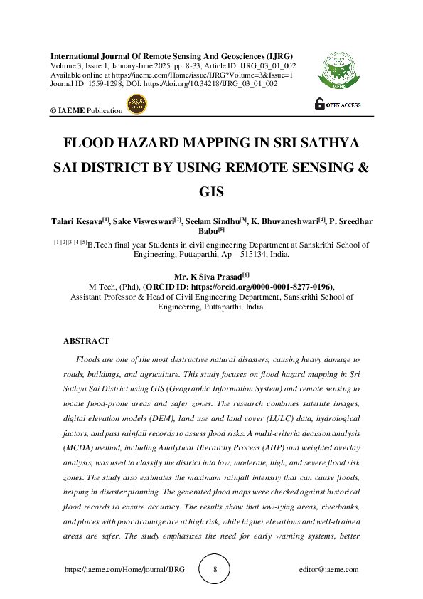 (PDF) FLOOD HAZARD MAPPING IN SRI SATHYA SAI DISTRICT BY USING REMOTE SENSING & GIS