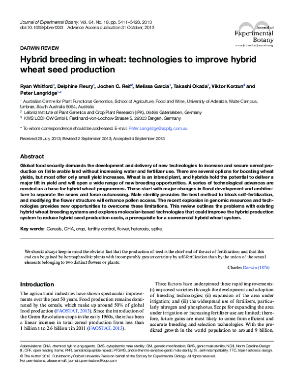 (PDF) Hybrid breeding in wheat: technologies to improve hybrid wheat seed production