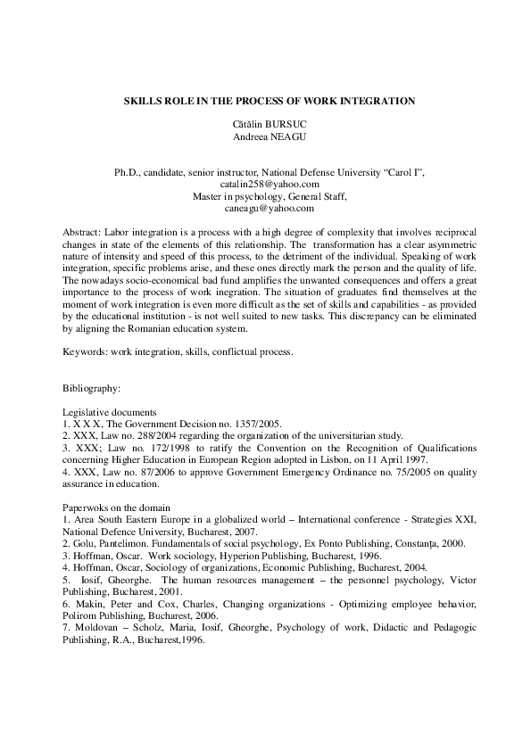 (PDF) Skills Role in the Process of Work Integration