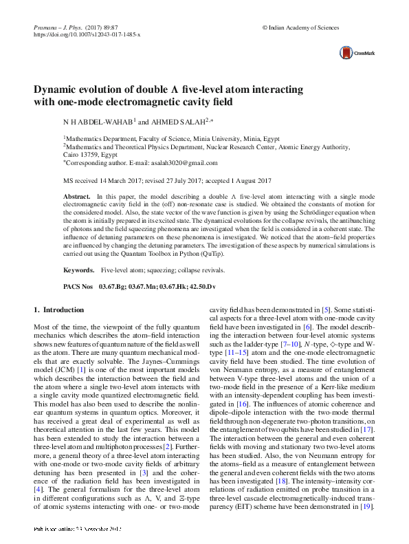 (PDF) Dynamic evolution of double $$\Lambda $$ Λ five-level atom interacting with one-mode ...