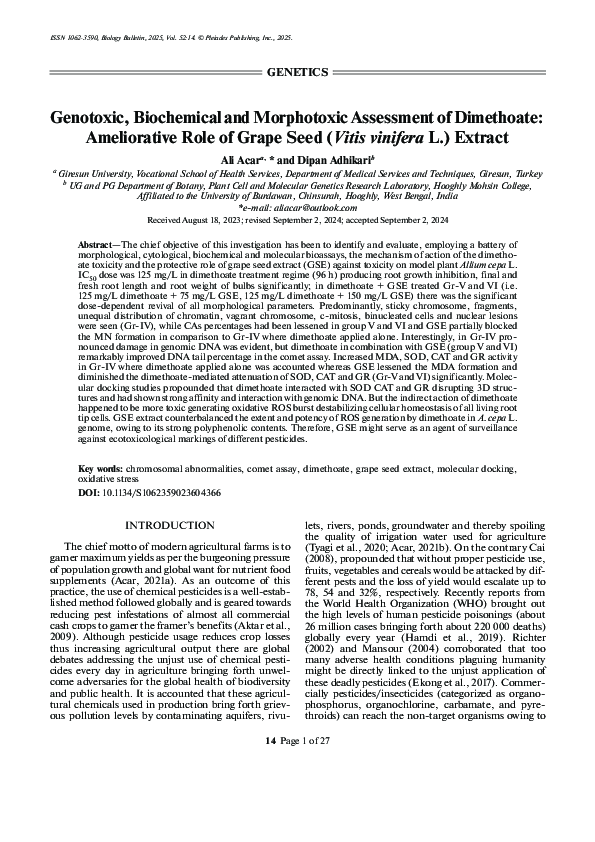 (PDF) Genotoxic, Biochemical and Morphotoxic Assessment of Dimethoate ...