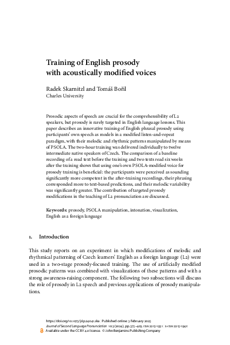 (PDF) Training of English prosody with acoustically modified voices