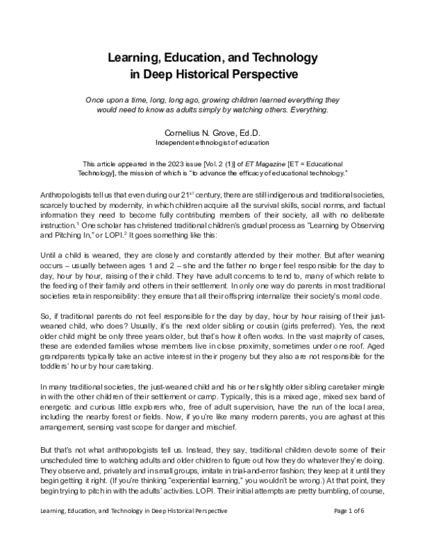 (PDF) Learning, Education, and Technology in Deep Historical Perspective
