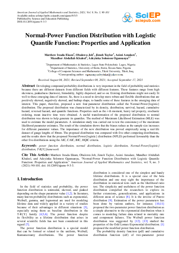 Pdf Normal Power Function Distribution With Logistic Quantile Function Properties And Application