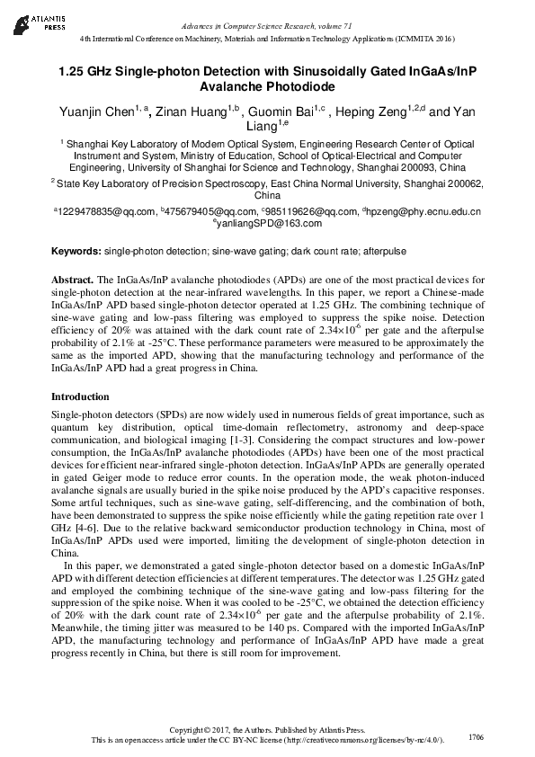 (PDF) 1.25 GHz Single-photon Detection with Sinusoidally Gated InGaAs/InP Avalanche Photodiode