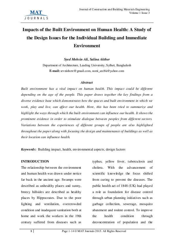 (PDF) Impacts of the Built Environment on Human Health: A Study of the ...