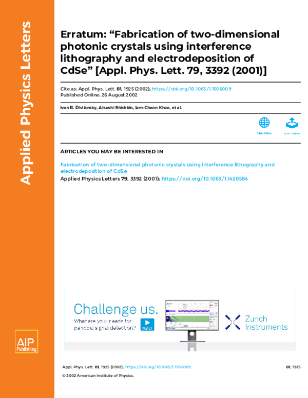 (PDF) Erratum: “Fabrication of two-dimensional photonic crystals using interference lithography ...