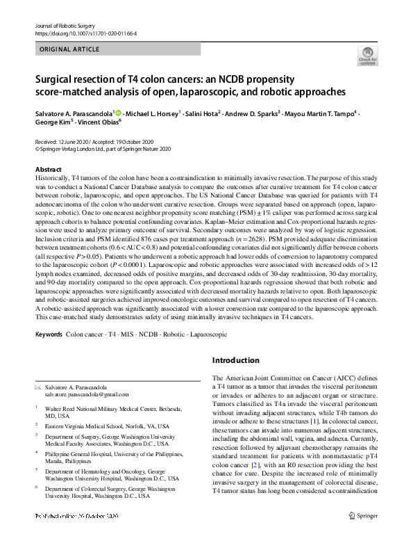 (PDF) Surgical resection of T4 colon cancers: an NCDB propensity score ...