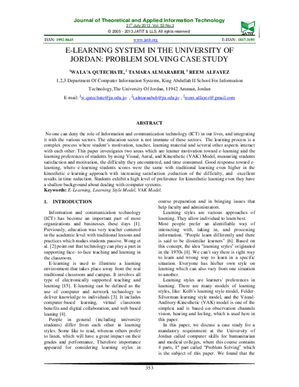 (PDF) E-Learning System in the University of Jordan: Problem Solving Case Study