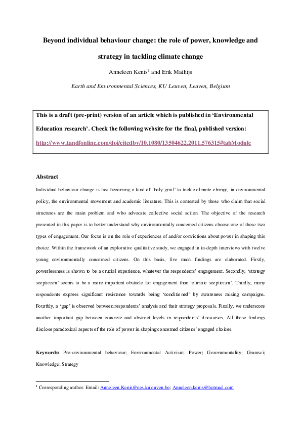 (PDF) Beyond individual behaviour change: the role of power, knowledge ...