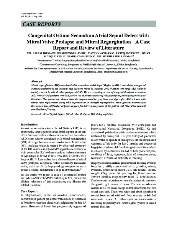 (PDF) Congenital Ostium Secundum Atrial Septal Defect with Mitral Valve ...