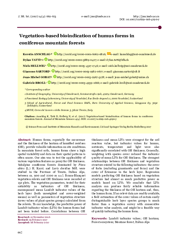 (PDF) Vegetation-based bioindication of humus forms in coniferous mountain forests