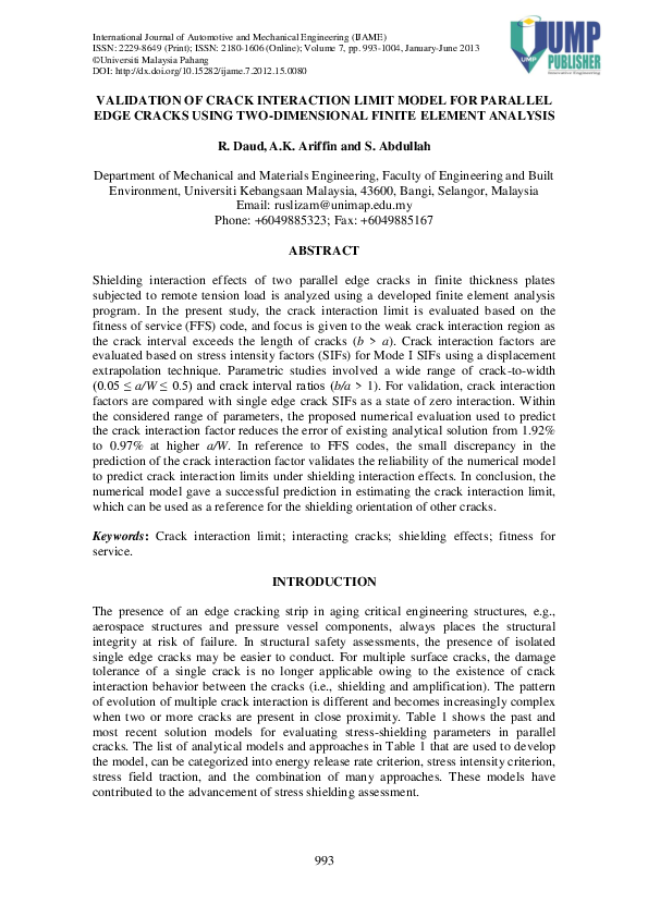 (PDF) Validation of crack interaction limit model for parallel edge cracks using two-dimensional ...