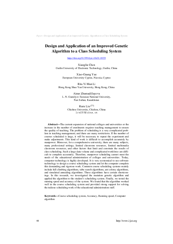 (PDF) Design and Application of an Improved Genetic Algorithm to a Class Scheduling System