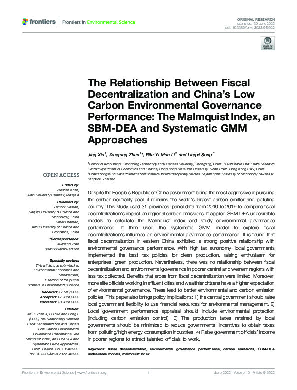 (PDF) The Relationship Between Fiscal Decentralization and China’s Low Carbon Environmental ...