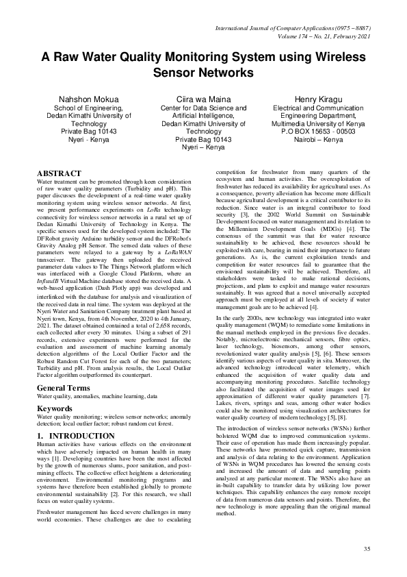 (PDF) A Raw Water Quality Monitoring System using Wireless Sensor Networks