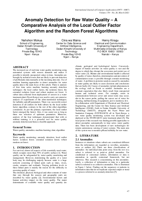 (PDF) Anomaly Detection for Raw Water Quality – A Comparative Analysis of the Local Outlier ...