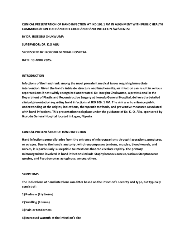 (PDF) CLINICAL PRESENTATION OF HAND INFECTION AT IKD 106.1 FM IN ...