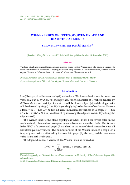 (PDF) Wiener Index of Trees of Given Order and Diameter at Most