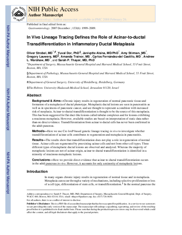 (PDF) In Vivo Lineage Tracing Defines the Role of Acinar-to-Ductal ...