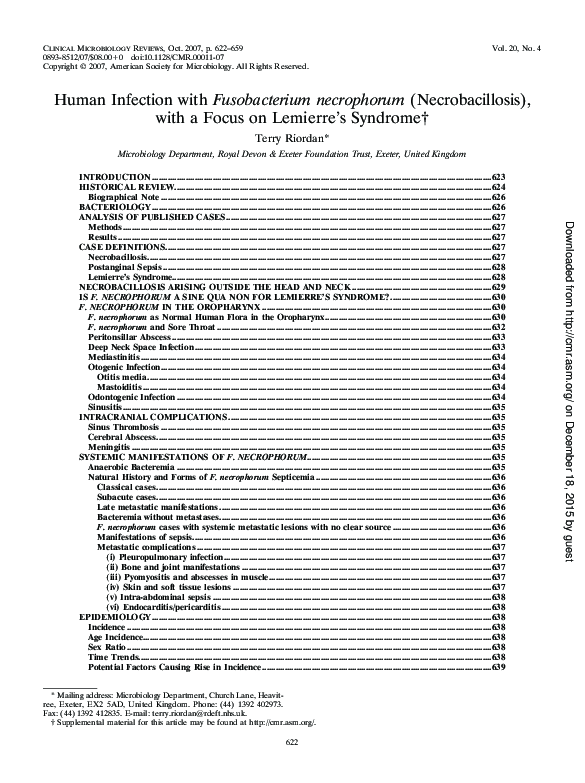 (PDF) Human Infection with Fusobacterium necrophorum (Necrobacillosis ...