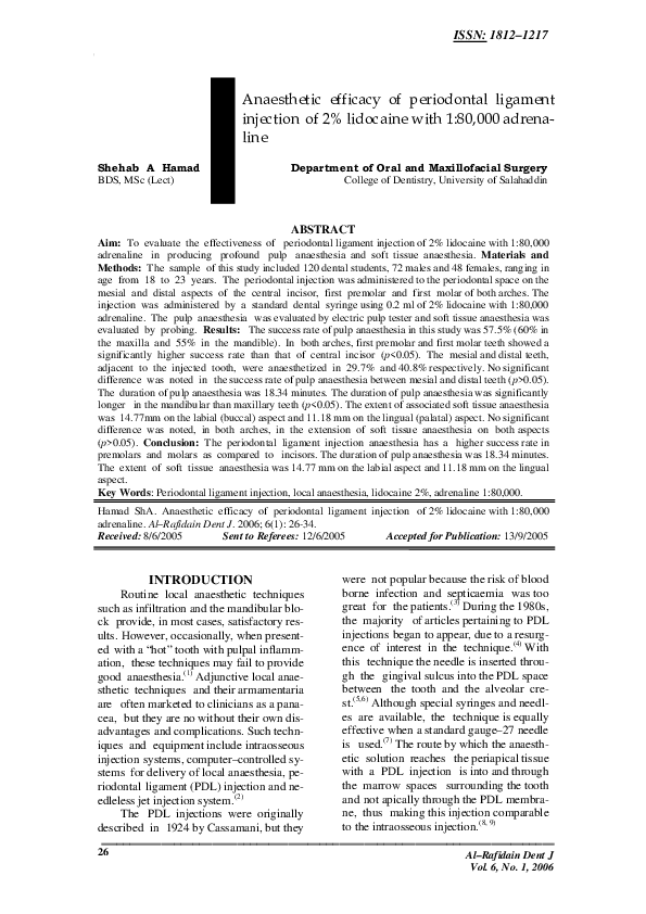 (PDF) Anaesthetic efficacy of periodontal ligament injection of 2% ...