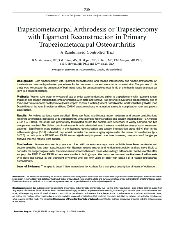 (PDF) Trapeziometacarpal Arthrodesis or Trapeziectomy with Ligament ...