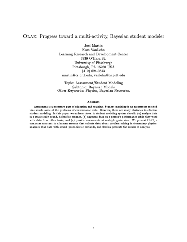(PDF) Progress toward a multi activity Bayesian student modeler