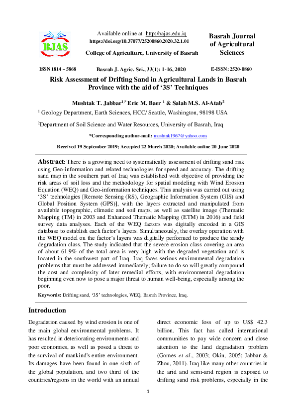 (PDF) Risk Assessment of Drifting Sand in Agricultural Lands in Basrah ...