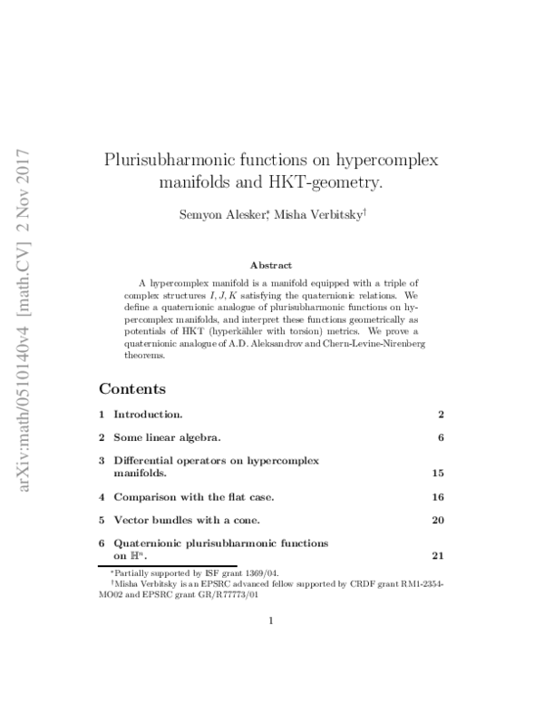 (PDF) Plurisubharmonic functions on hypercomplex manifolds and HKT-geometry